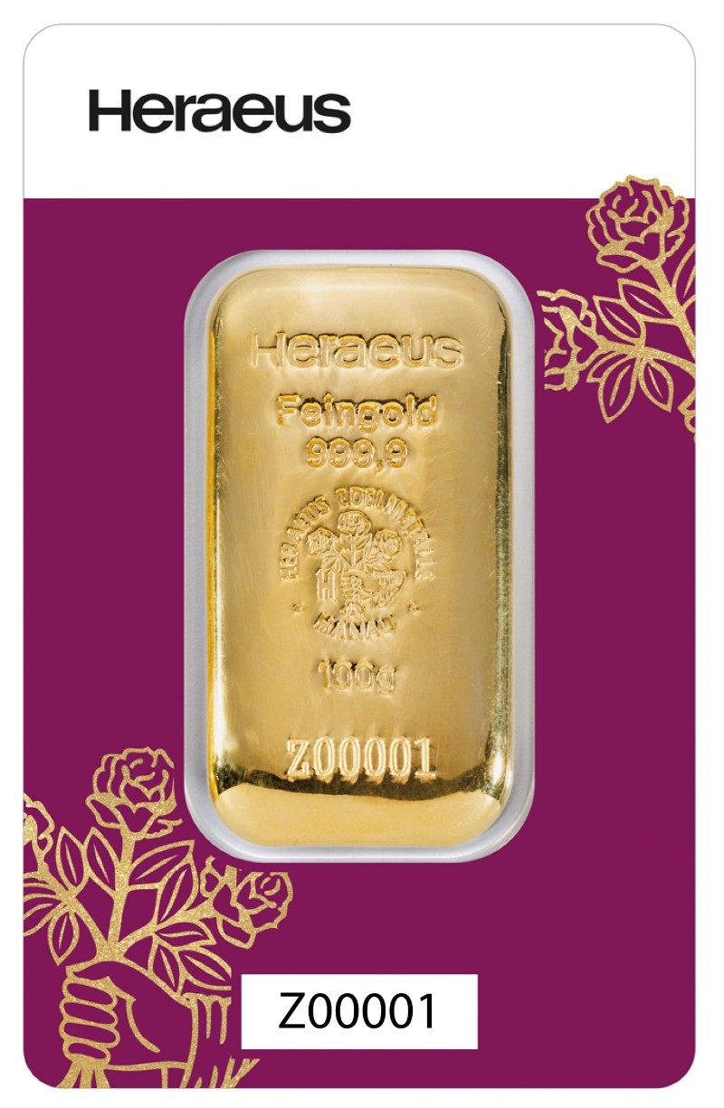 Buy 100g Heraeus Gold Cast Bar | .9999 Fine Gold | Indigo Precious Metals